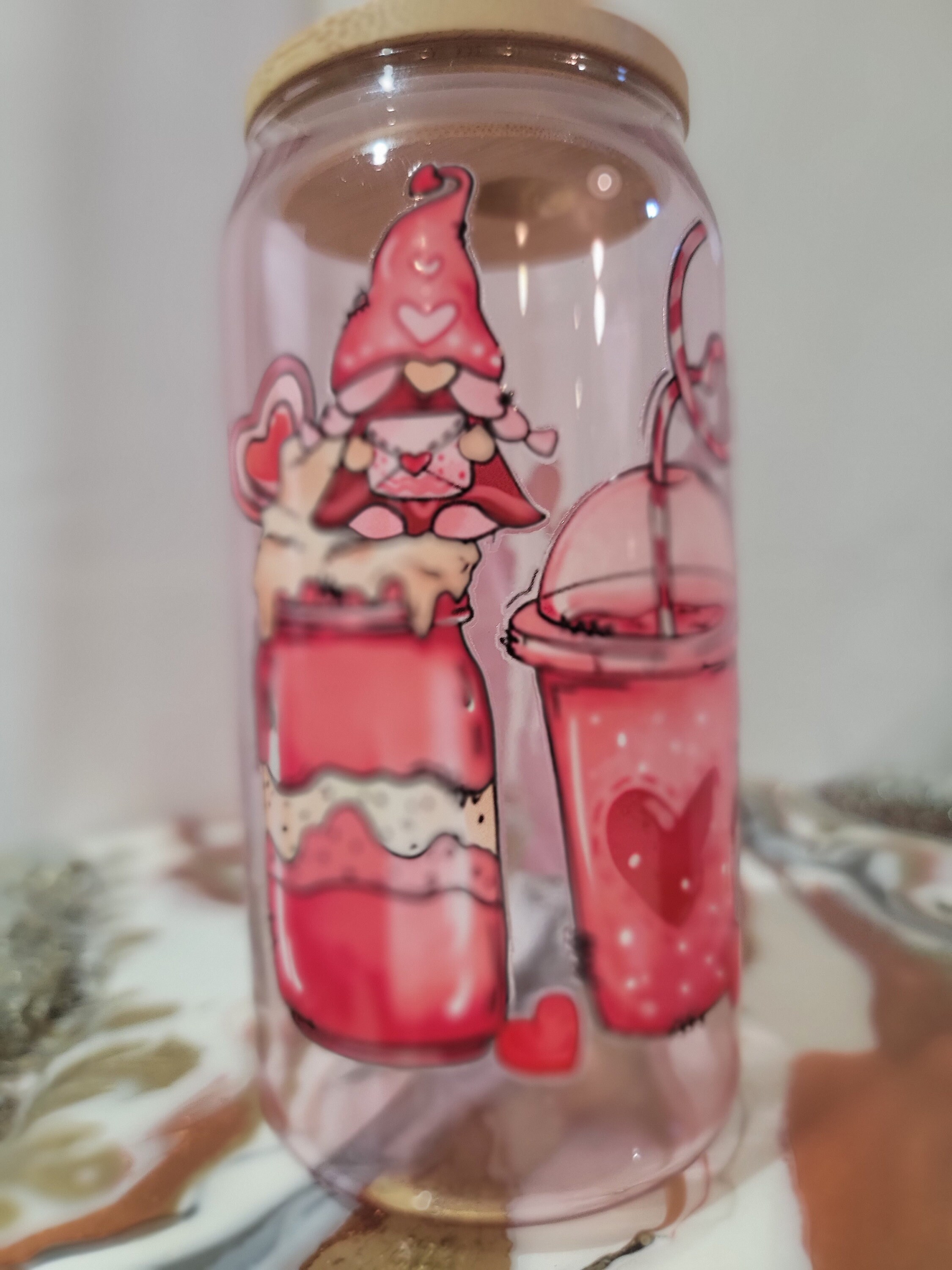 Valentine Themed 16oz Pink Glass Cup With Lid & Straw Beautiful Glass ...