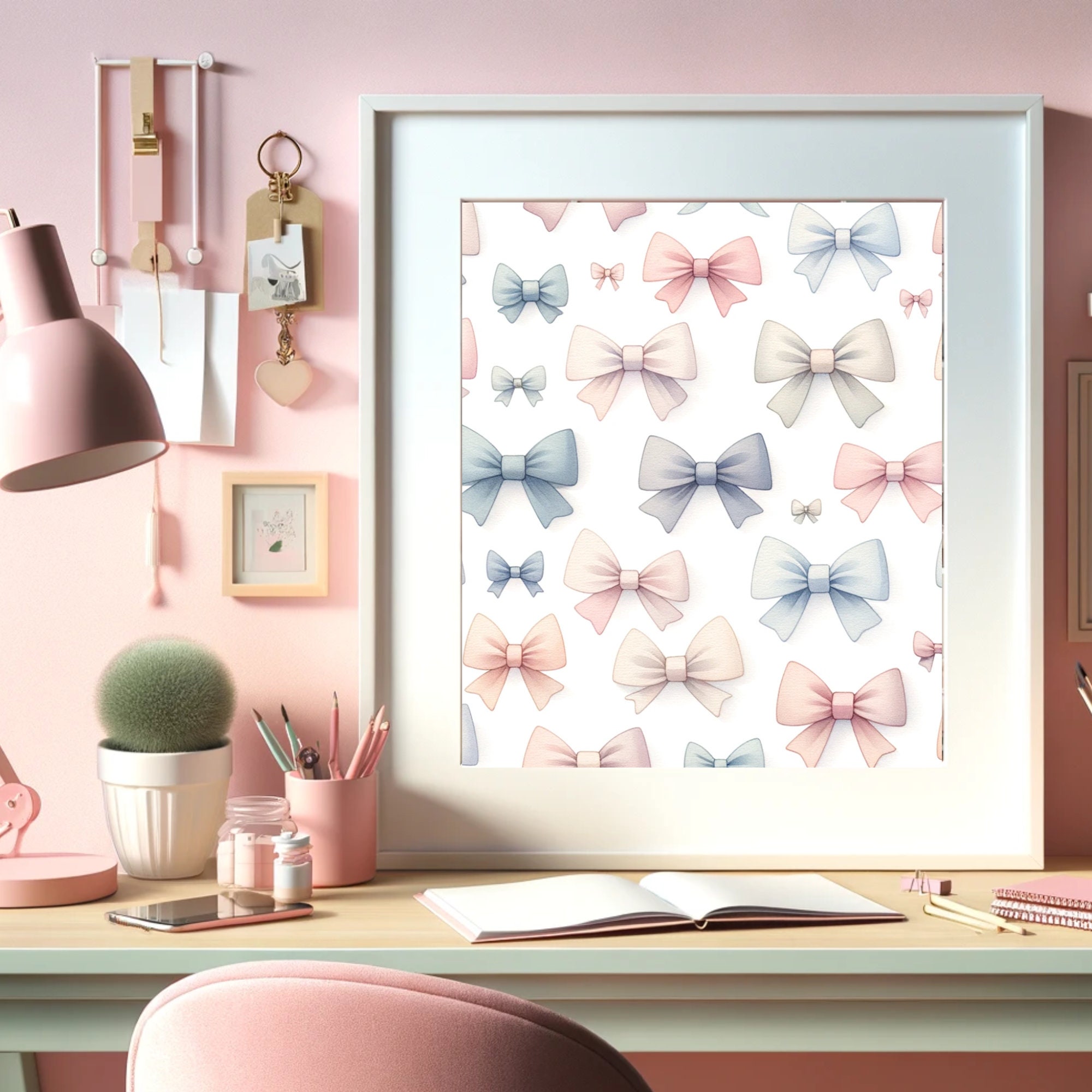 Pink Pastel Watercolor Bow Pattern Wall Art: Aesthetic Nursery, Pastel ...