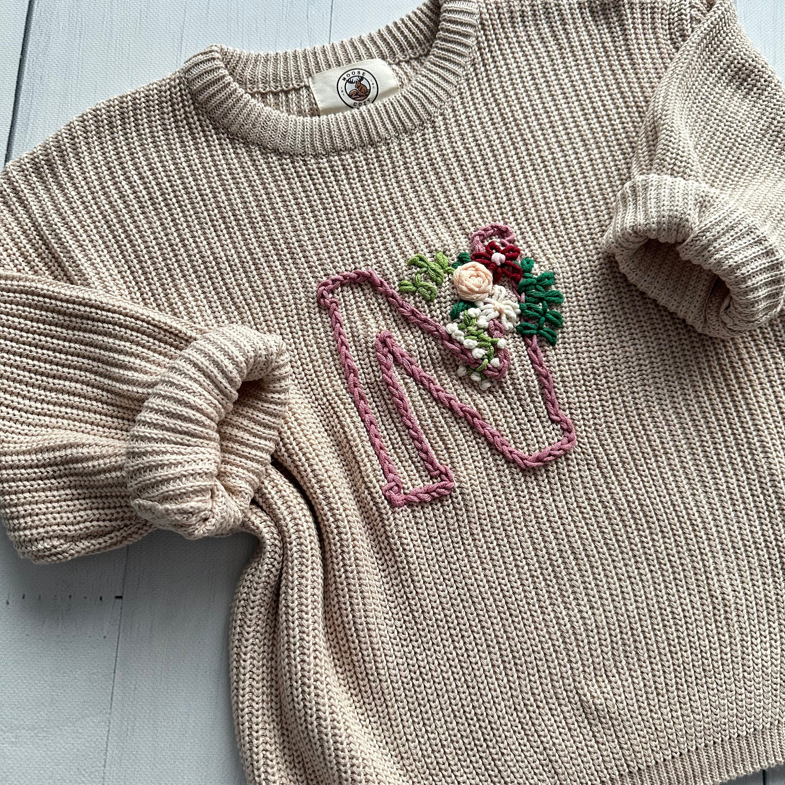 Personalized Floral Initial Hand-embroidered Baby Knit Sweater, Custom ...