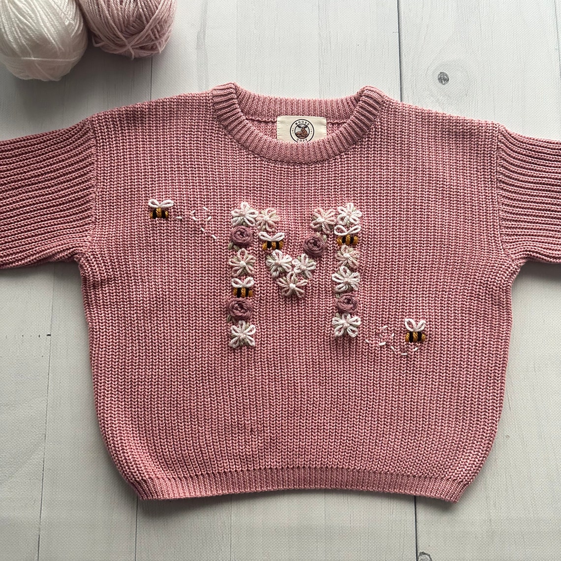 Personalized Floral Initial Bees Embroidered Baby Knit Sweater, Custom ...