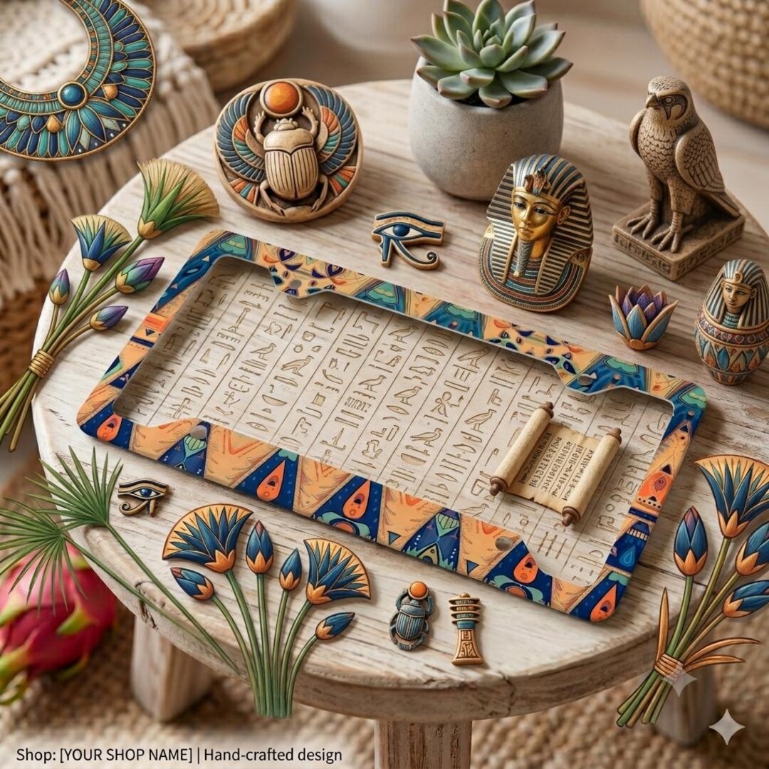 Egyptian Hieroglyph Metal License Plate Frame | Tribal Geometric ...