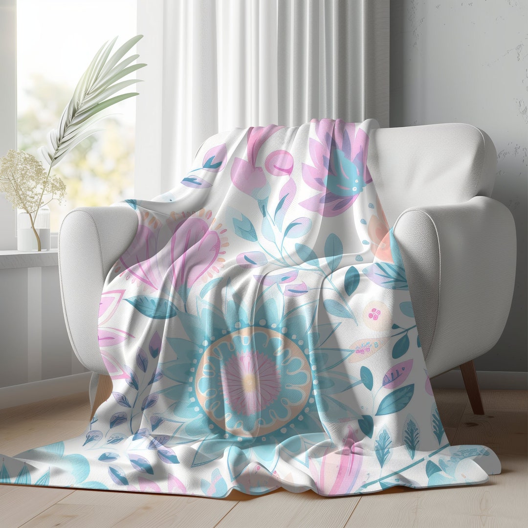 Pink and Blue Floral Fleece Blanket: Teen Girl Boho Throw - Etsy