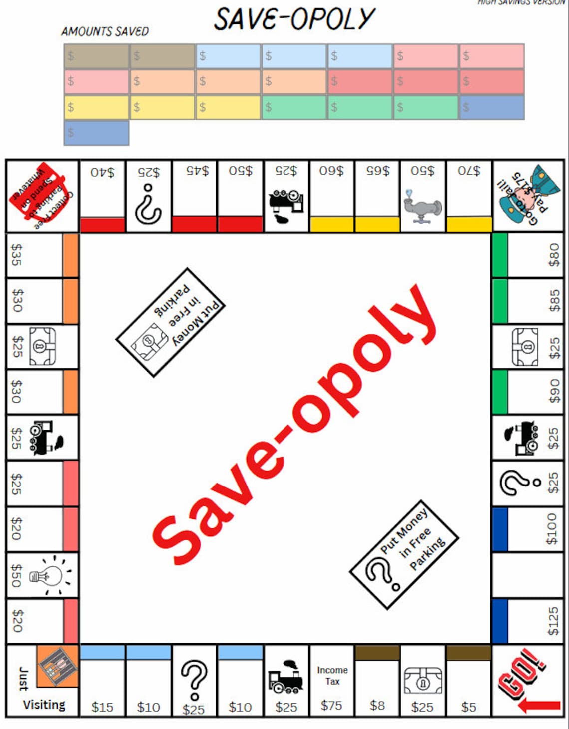 Save-opoly Category Saving Challenge Saving Tracker Budgeting - Etsy