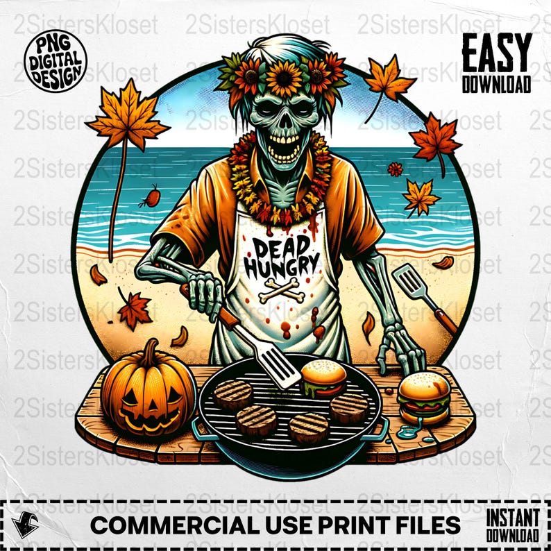 Halloween Zombie BBQ Digital PNG, Dead Hungry Grill, Spooky Fall Beach ...