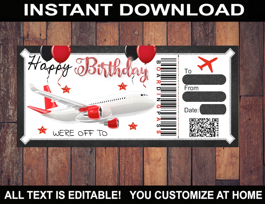 Happy Birthday Ticket Editable Template, Birthday Gift Airplane ...