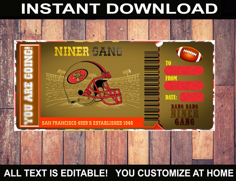 Football Ticket Editable Template, 49er's Gift Football Game Experience Gift Voucher Football ...