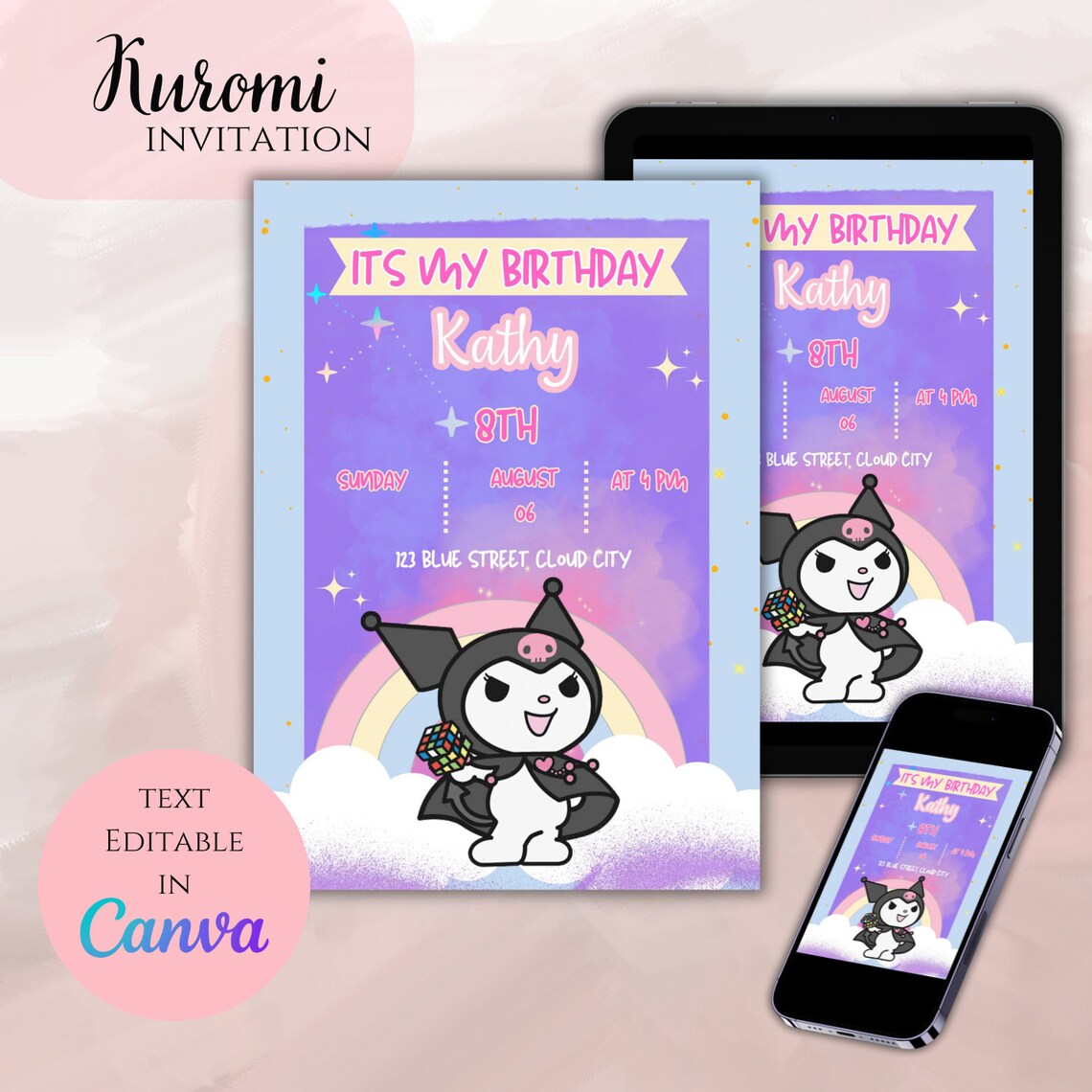 Adorable Kawaii Black Invitation - Digital Downloa Invitation Kawaii ...