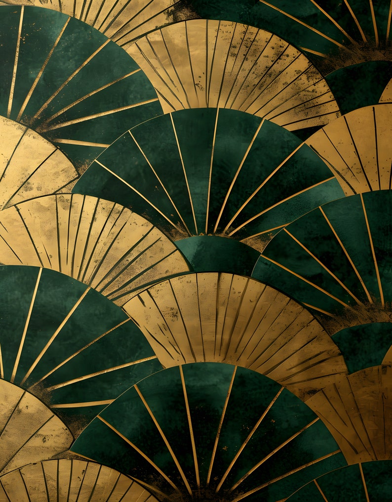 Japandi Wall Art, Gold and Emerald Fans, Fan Art, Japandi Digital Download, Japandi Print ...