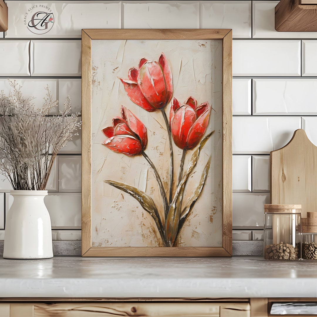 Red Tulips Textured Spring Art: Palette Knife Painting (digital ...