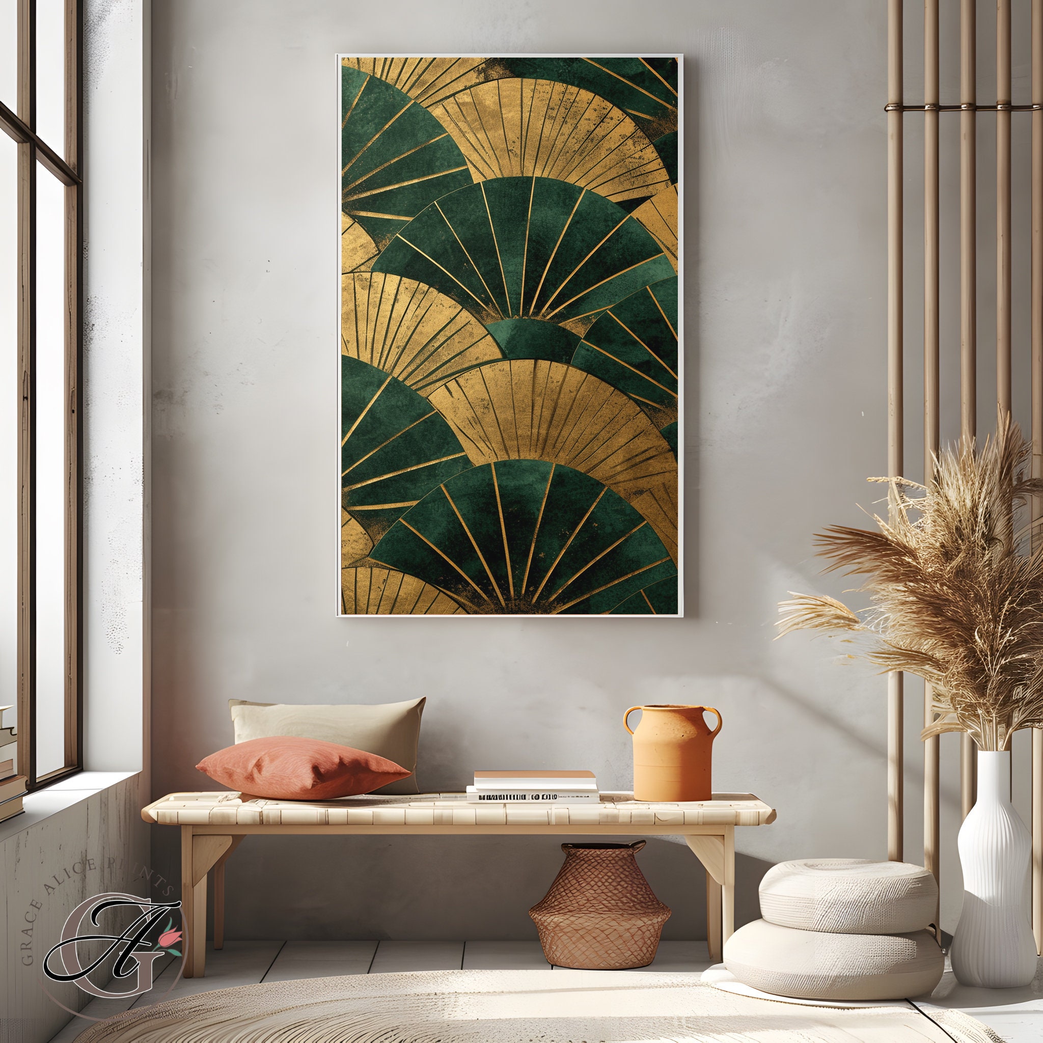 Japandi Wall Art, Gold and Emerald Fans, Fan Art, Japandi Digital ...