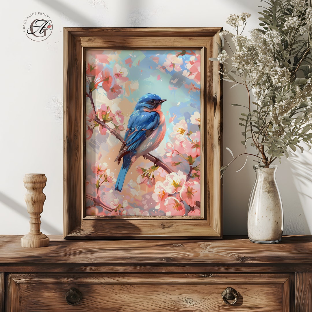 Bluebird on Cherry Blossom Spring Art, Bluebird Artwork, Bluebird ...
