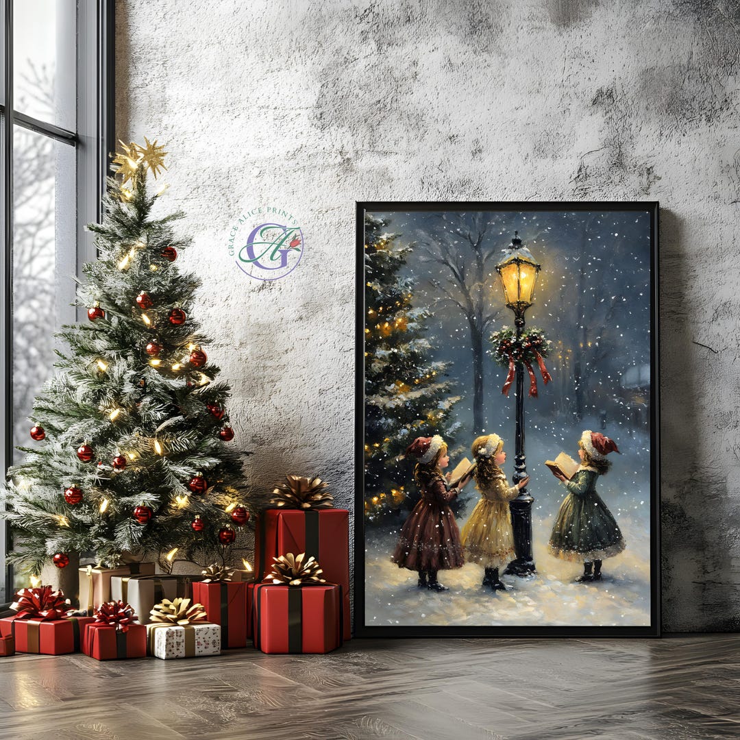 Little Christmas Carolers Art Print, Vintage Holiday Scene Print ...