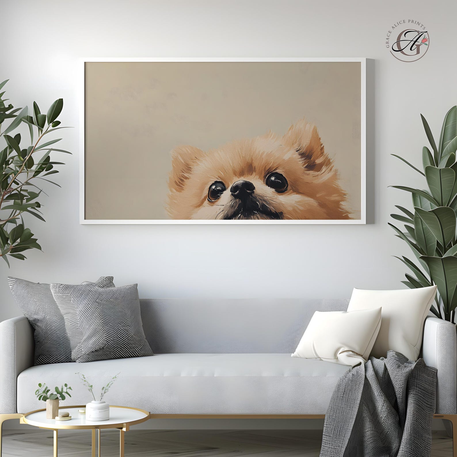 Arte televisivo de un Pomerania asomado: adorable retrato de perro ...