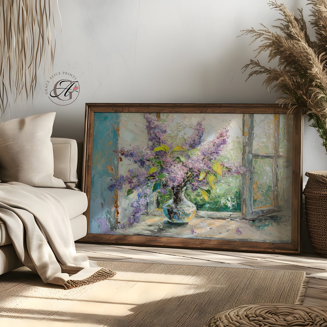 Abstract Lilacs Oil Painting Art Print: Floral Window Sill (digital ...
