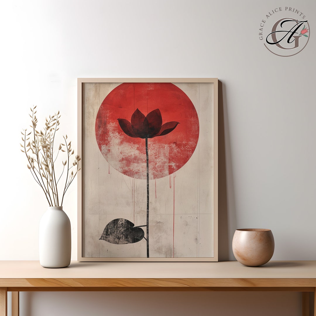 Japandi Wall Art, Abstract Floral Art, Red Tsubaki, Abstract Camellia ...