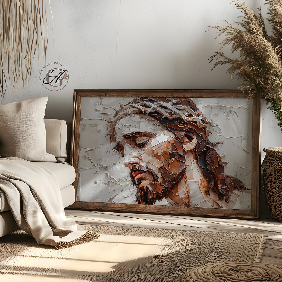 Textured Jesus Christ Profile Art: Earth Tone Palette Knife Painting ...