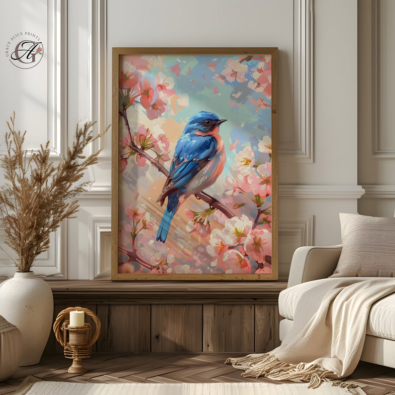 Bluebird on Cherry Blossom Spring Art, Bluebird Artwork, Bluebird ...