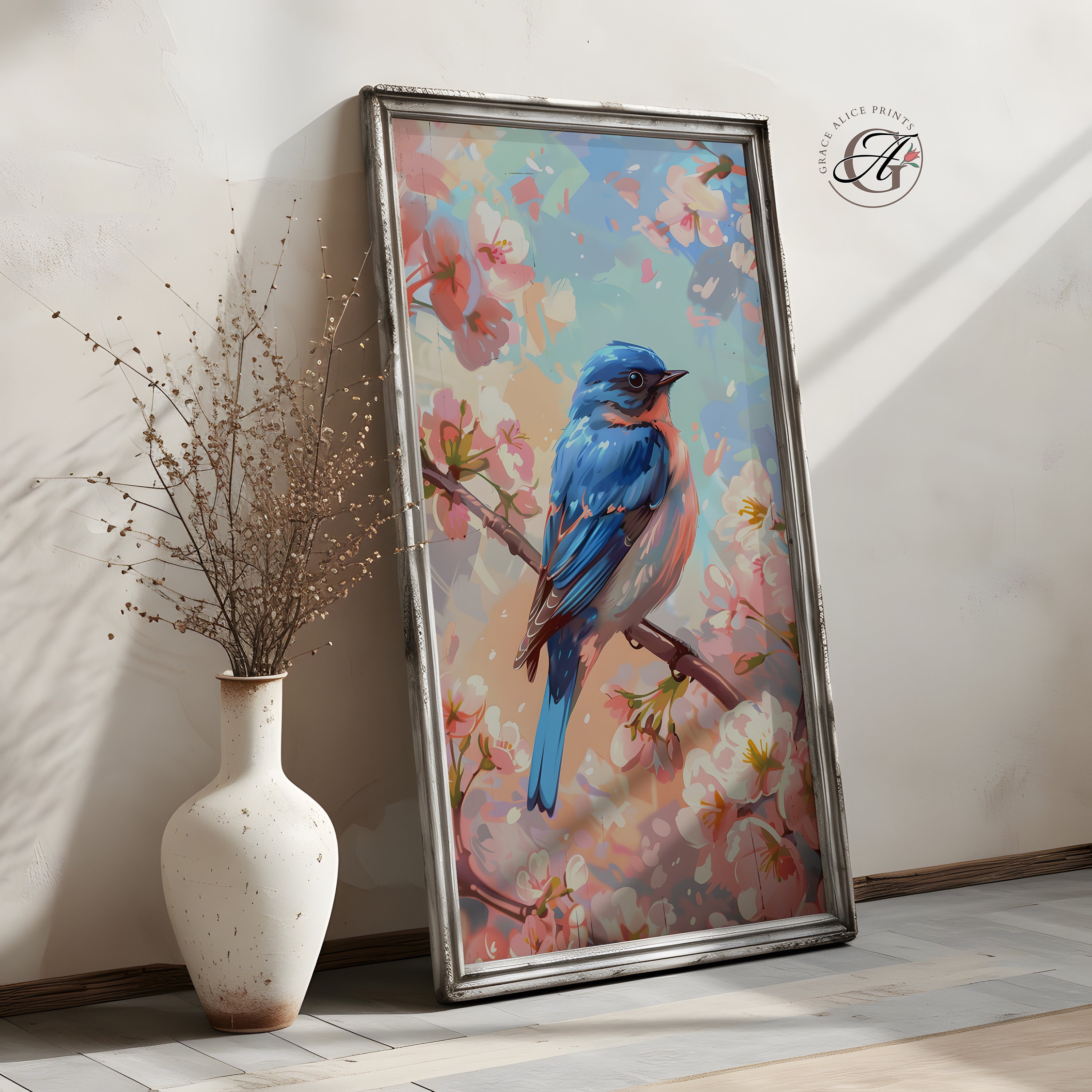 Bluebird on Cherry Blossom Spring Art, Bluebird Artwork, Bluebird ...