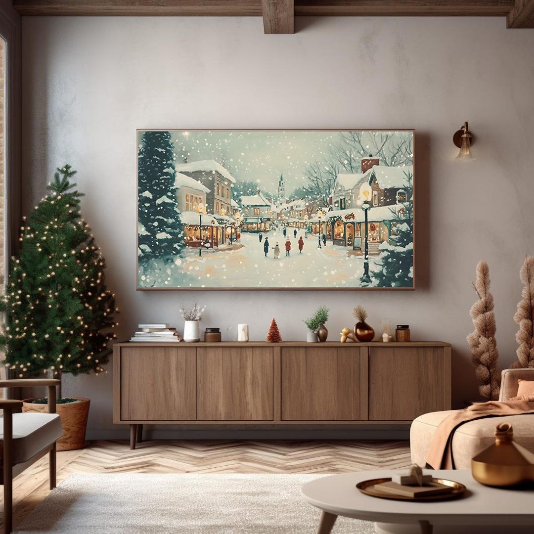Frame TV Vintage Christmas Town Art, Snowy Holiday Village Scene ...