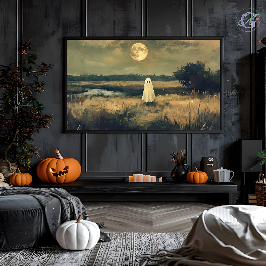 Frame TV Cute Ghost Under Full Moon Art, Halloween Art for Frame TV ...
