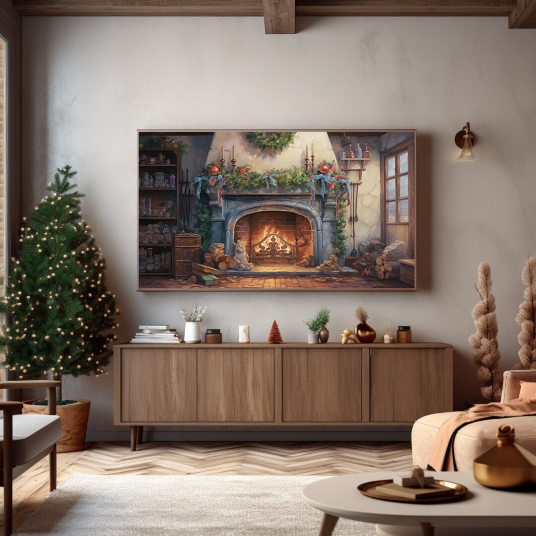 Frame TV Christmas Fireplace Mantel Art: Winter Holiday Cottage ...