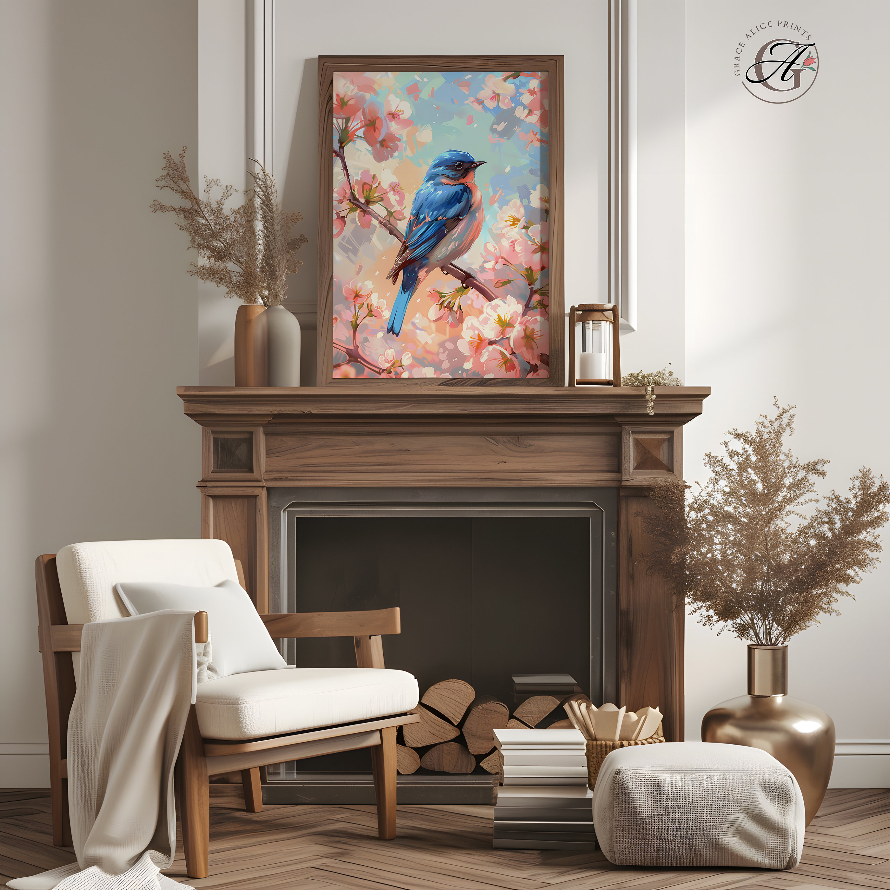 Bluebird on Cherry Blossom Spring Art, Bluebird Artwork, Bluebird ...