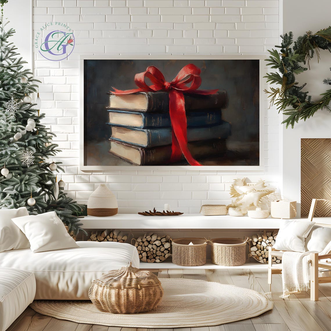 Vintage Books With Red Bow Art Print: Cozy Holiday Decor (digital ...