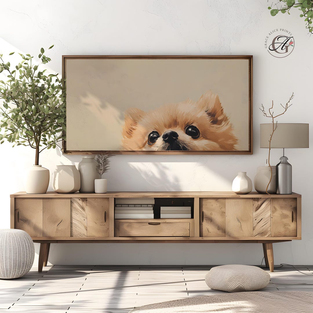 Arte televisivo de un Pomerania asomado: adorable retrato de perro ...