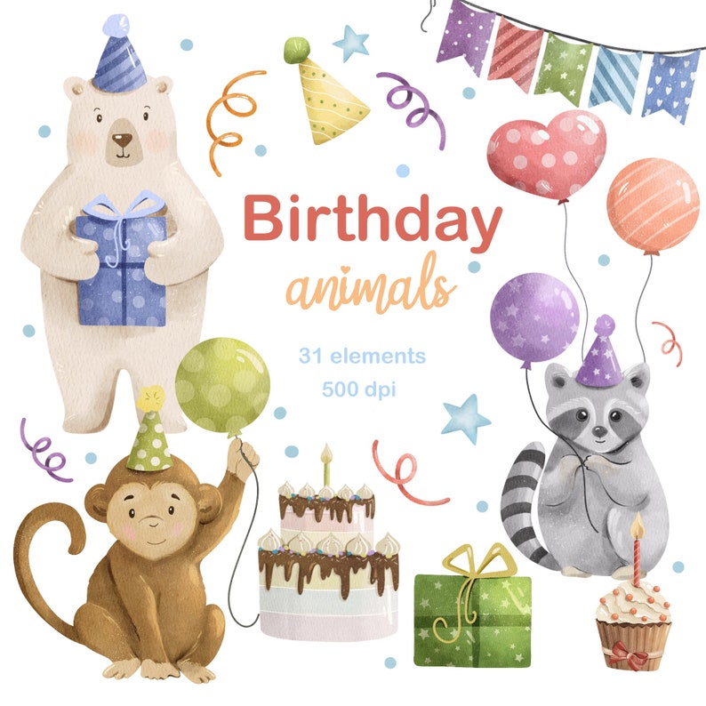 Animals Birthday Party, Birthday Clipart, Watercolor Zoo Animals PNG ...