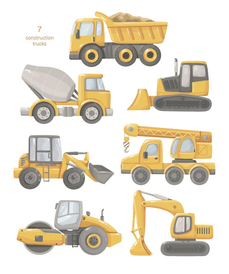Construction Trucks Clipart: Watercolor Vehicles for Kids PNG, Machines ...