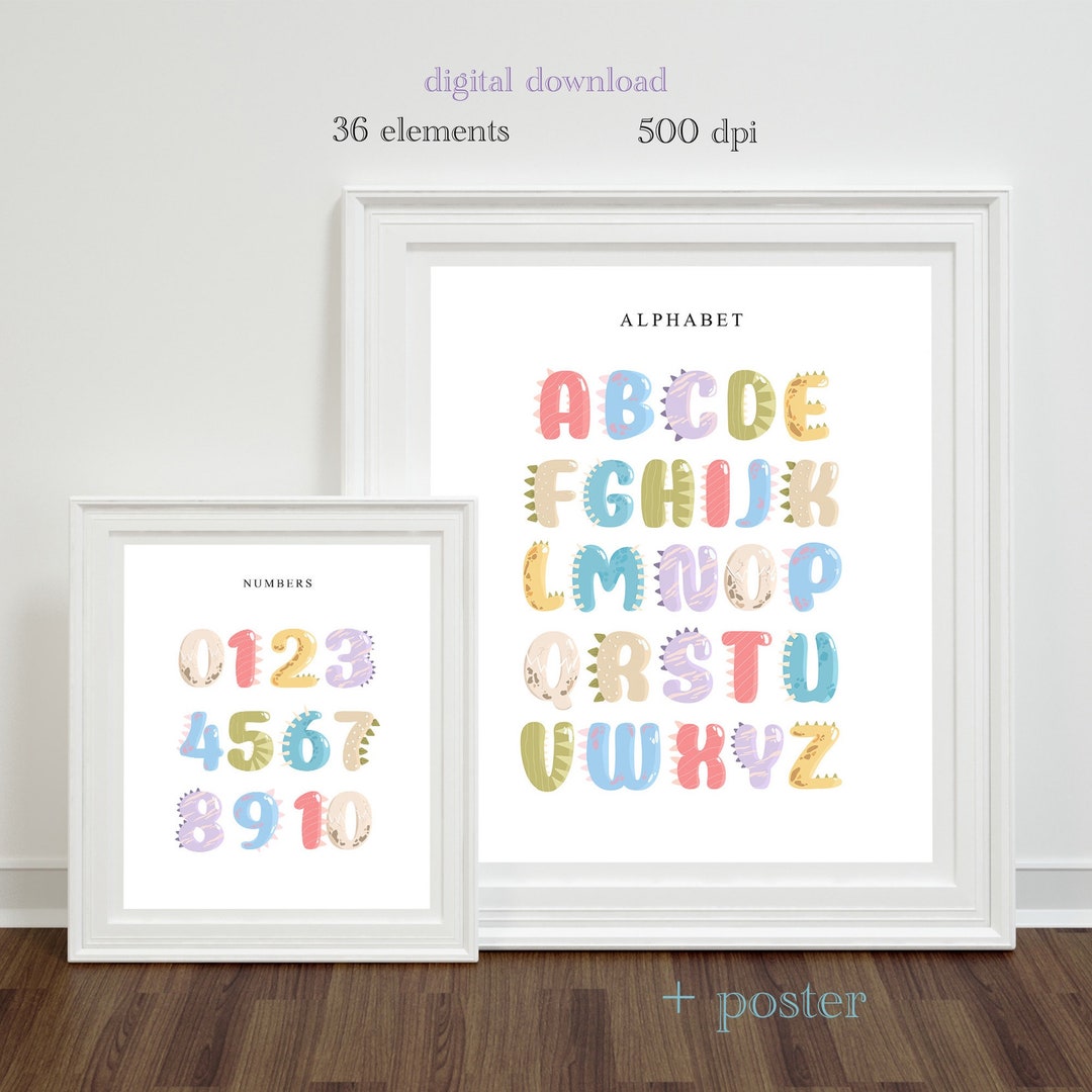 Dinosaur Alphabet and Numbers Printable Clipart,alphabet Poster ...