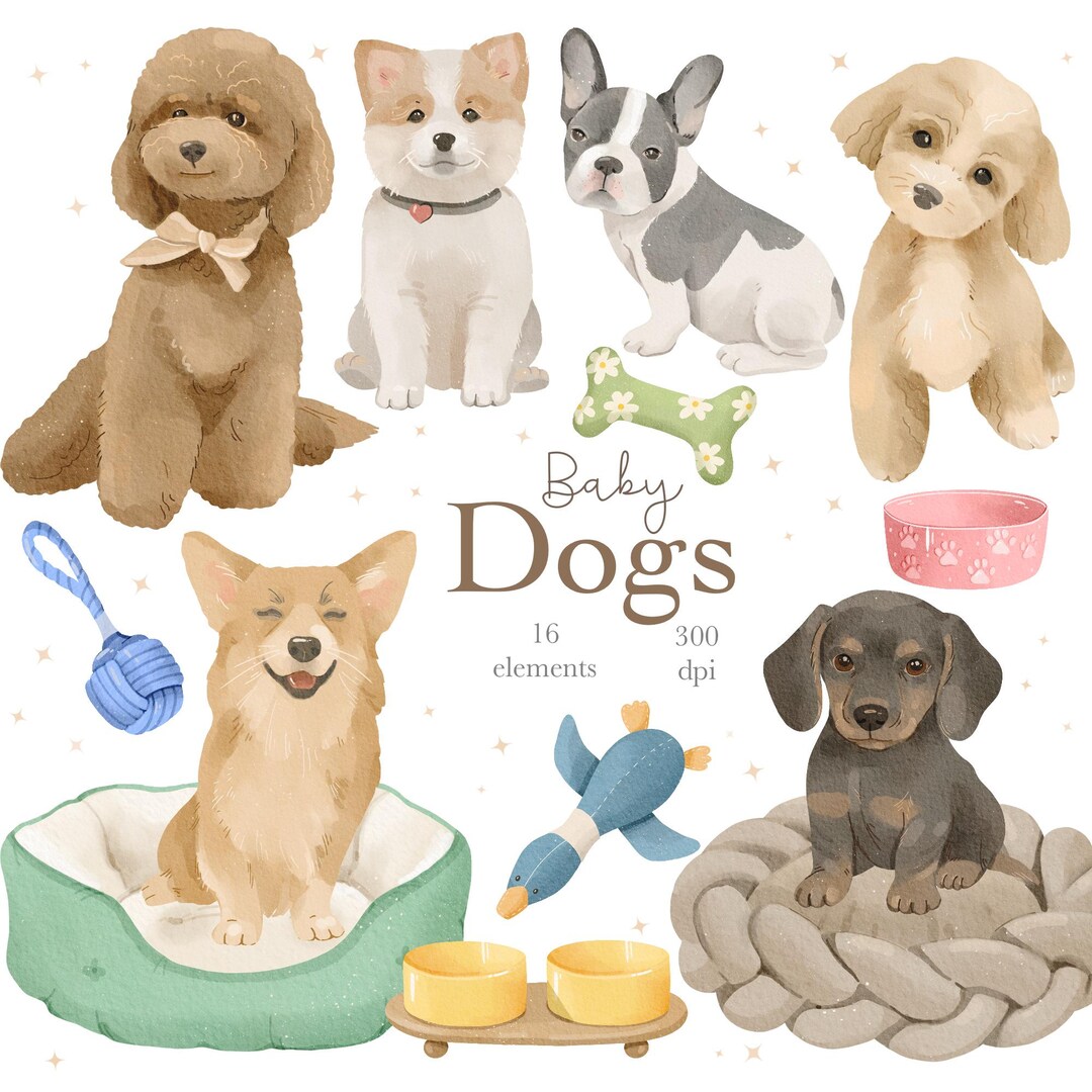 Watercolor Baby Dogs Clipart: Hand-drawn Puppy Breeds PNG, Dog Toys ...