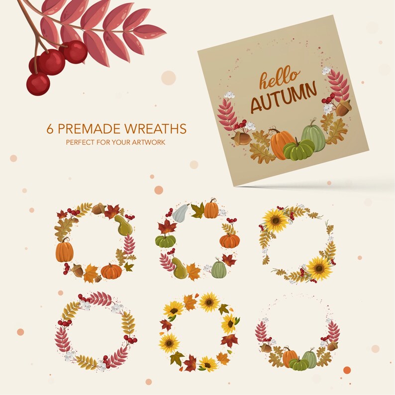 Autumn Clipart Set PNG: Rustic Fall Leaves, Pumpkins, Wreaths ...