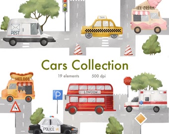 Watercolor Cars Clipart: Transport PNG Files for Nursery (digital ...