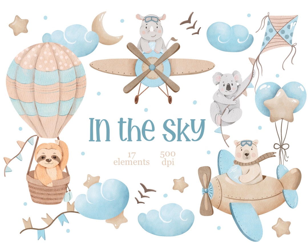 In the Sky Clipart, Watercolor Airplane PNG, Cute Pilot Animals PNG ...