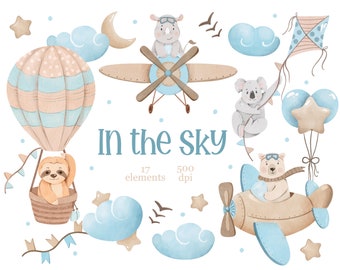 In the Sky Clipart, Watercolor Airplane PNG, Cute Pilot Animals PNG ...