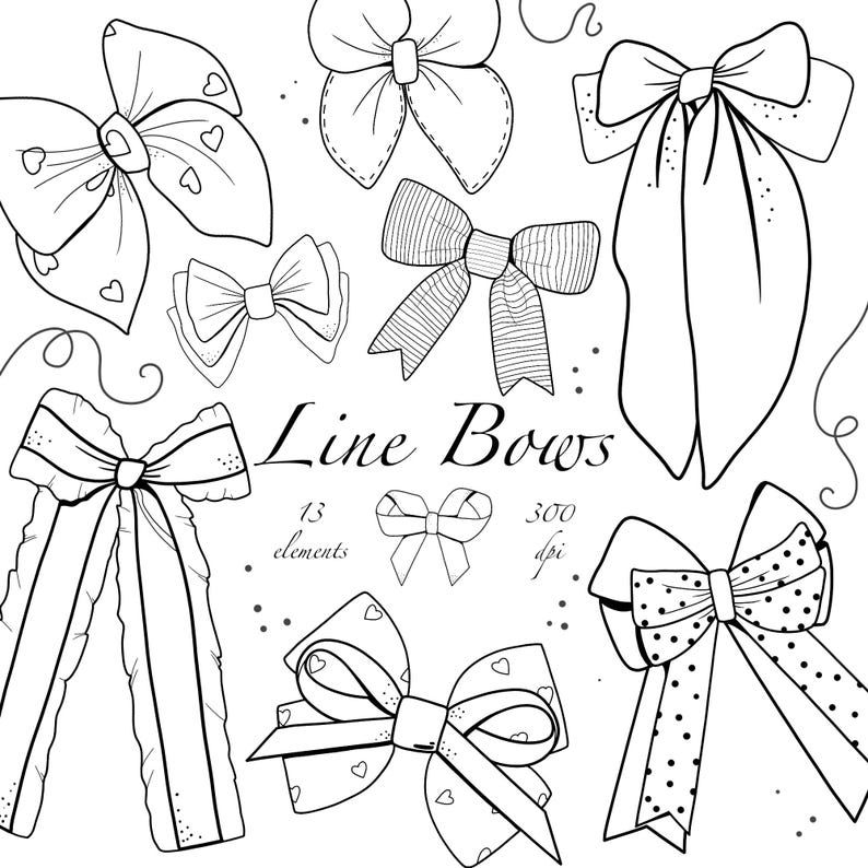 Line Bows Clipart, Hand Drawn Bow Illustrations, Ribbon Bow, Silk Bow ...