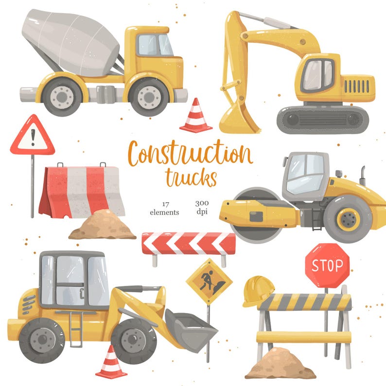 Construction Trucks Clipart: Watercolor Vehicles for Kids PNG, Machines ...