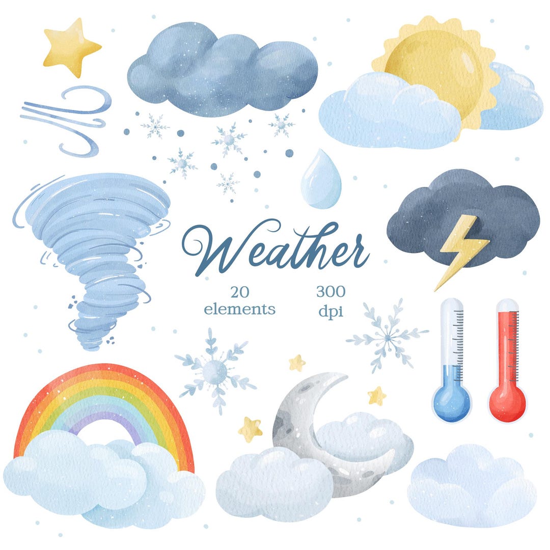 Watercolor Weather Clipart, Cloud Clipart, Hand Painted Climate Clipart ...