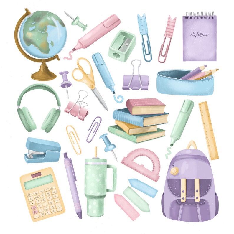 School Clipart Set, School Supplies, Back to School PNG, Teacher ...