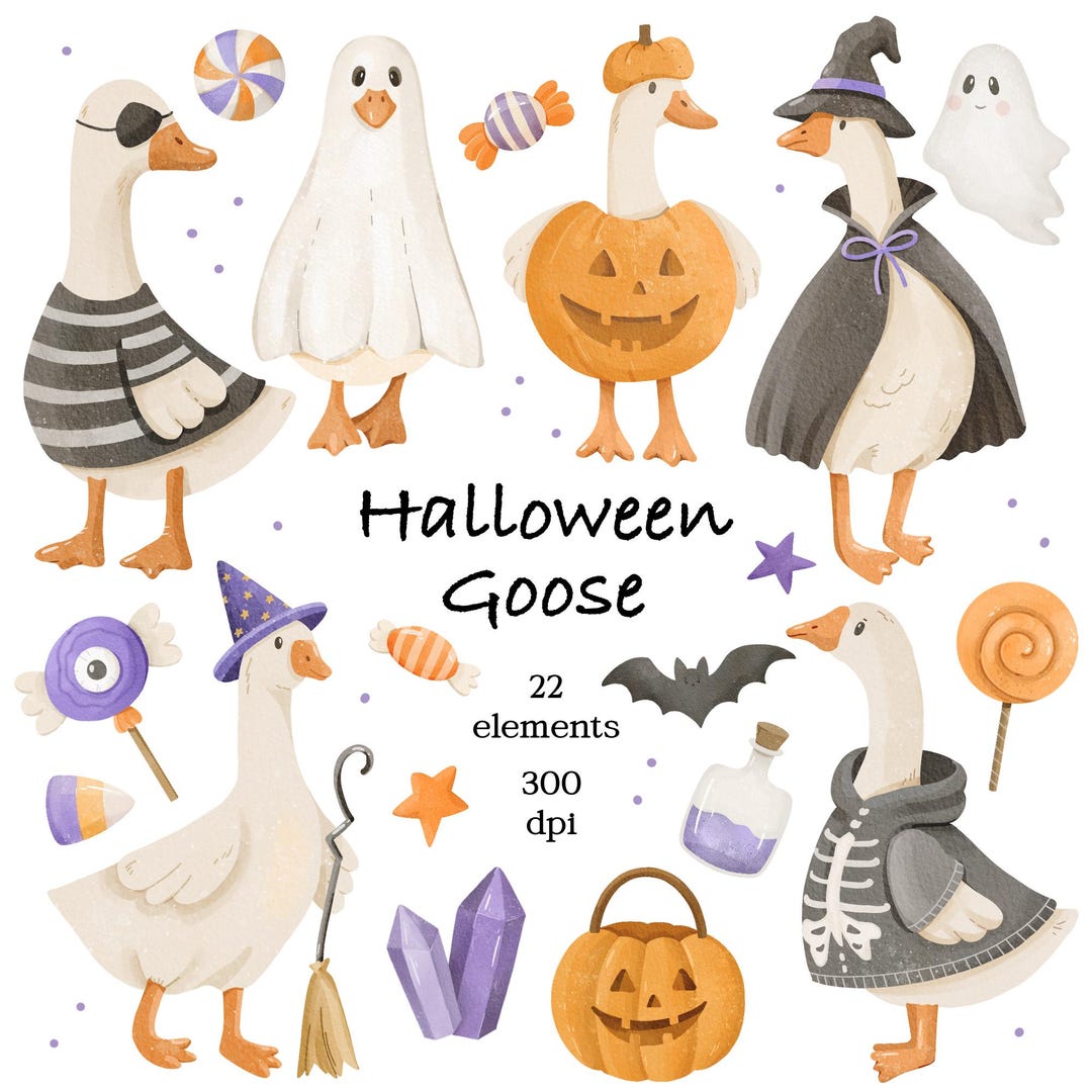 Watercolor Halloween Goose Clipart Set, Cute Spooky Geese PNG, Digital ...