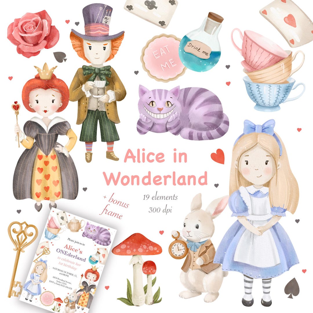 Alice in Wonderland Clipart, Watercolor Alice Clip Art PNG, Red Queen ...