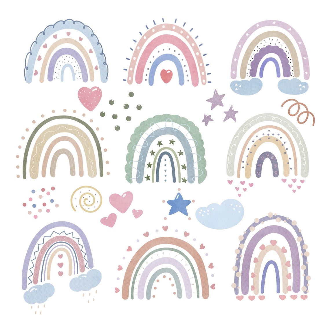 Watercolor Rainbow Clipart: Pastel Boho Rainbows, Patterns PNG (digital ...