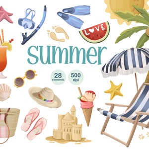 Summer Beach Clipart: Tropical Cocktails, Sandcastle, Pool Party (PNG ...