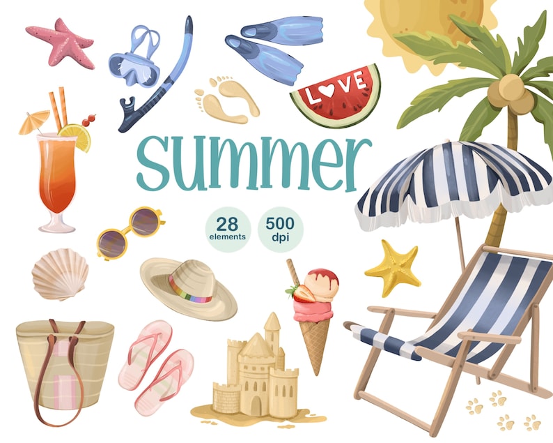 Summer Vibe Clipart, Beach Party Accessories Graphics, Seasonal Clipart ...