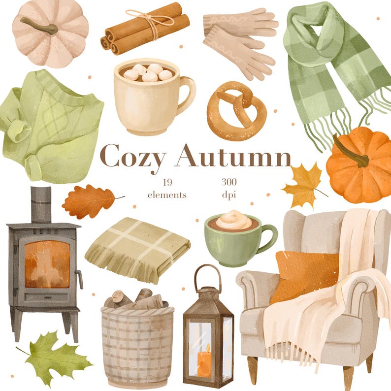 Watercolor Autumn Clipart, Cozy Cottagecore PNG Graphics, Fall ...