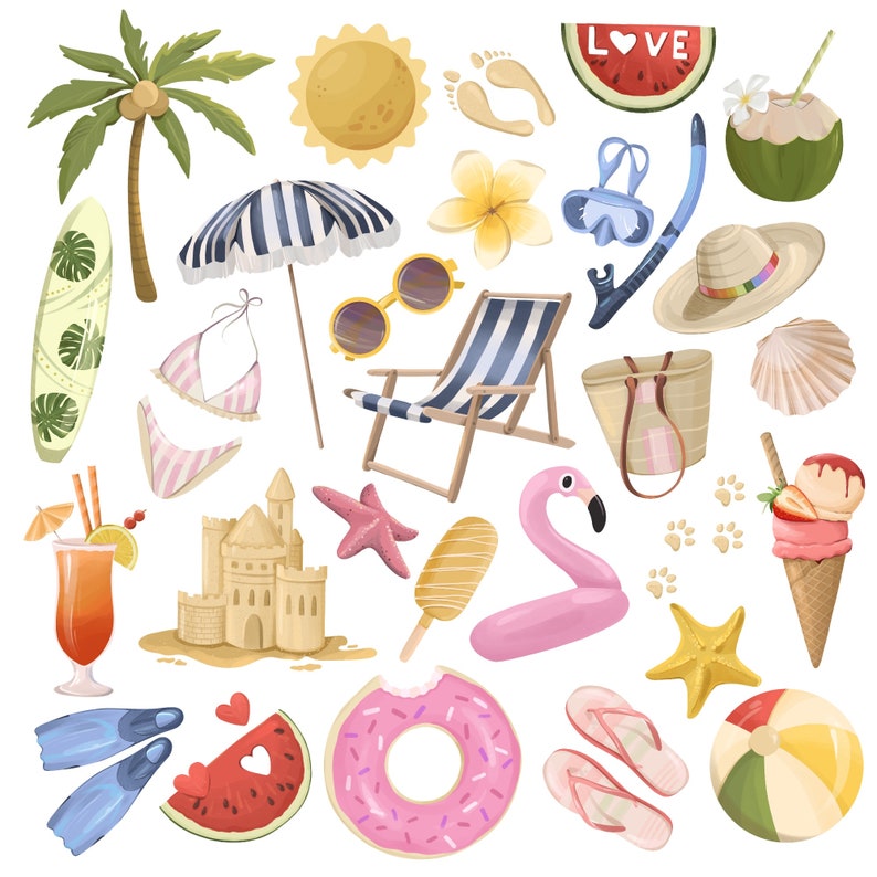 Summer Beach Clipart: Tropical Cocktails, Sandcastle, Pool Party (PNG ...