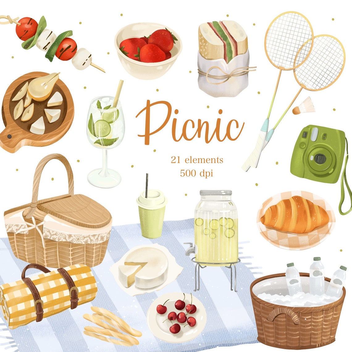 Summer Picnic Clipart: Food, Blanket, Basket, Nature Graphic (PNG ...