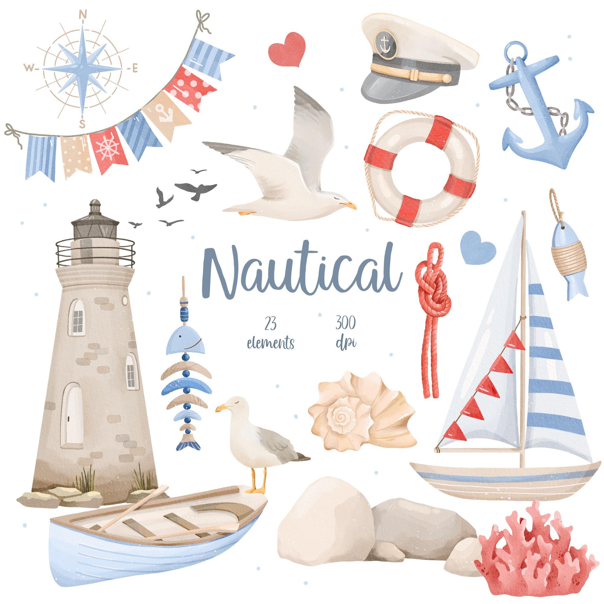 Nautical Watercolor Clipart, Marine Clipart, Sea Drawing, Nautical ...