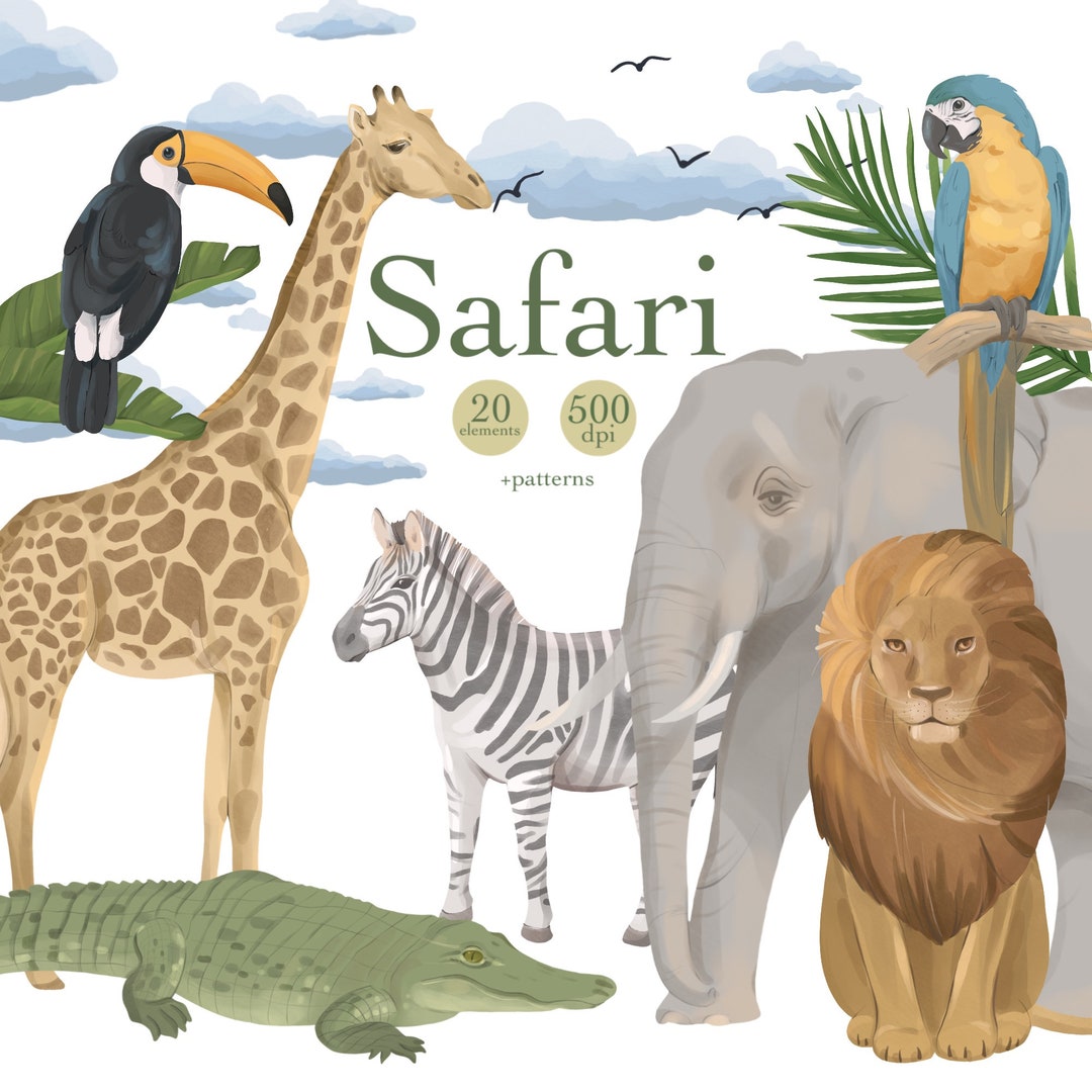 Safari Jungle Animals Clipart, Tropical Leaves Illustrations, Jungle ...